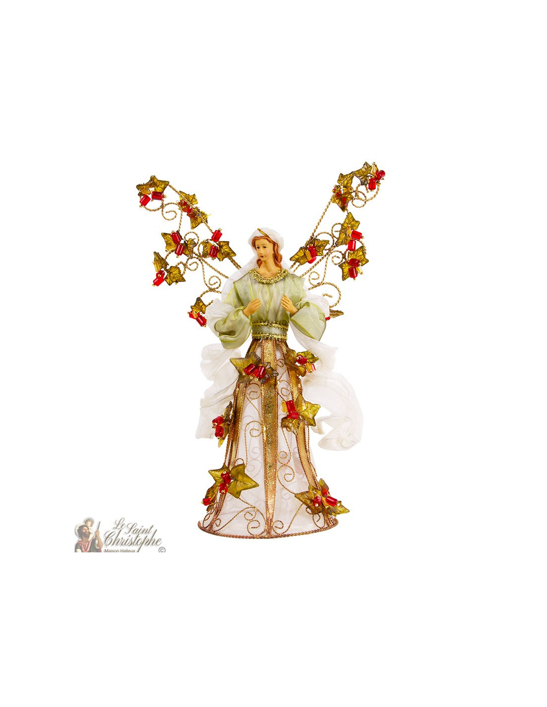 Metal angel with white dress and pearls - 33 cm