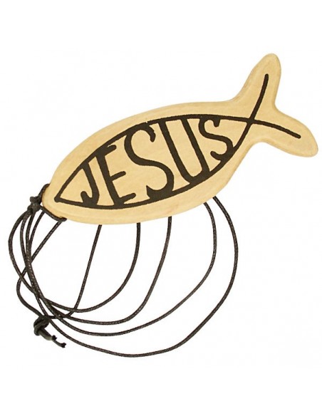Poisson Jésus en bois naturel avec cordon - Religieux Saint-Christophe